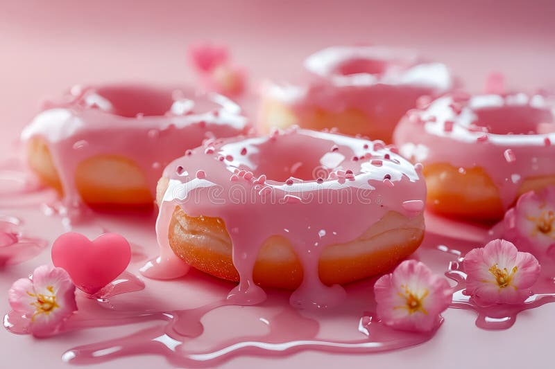 A Group of Pink Donuts with Pink Icing and Flowers on a Pink Background ...