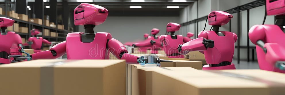Group of Pink Robots in Warehouse Stock Illustration - Illustration of ...
