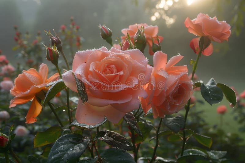 A Group of Pink Roses are Covered in Dew Stock Photo - Image of blossom ...