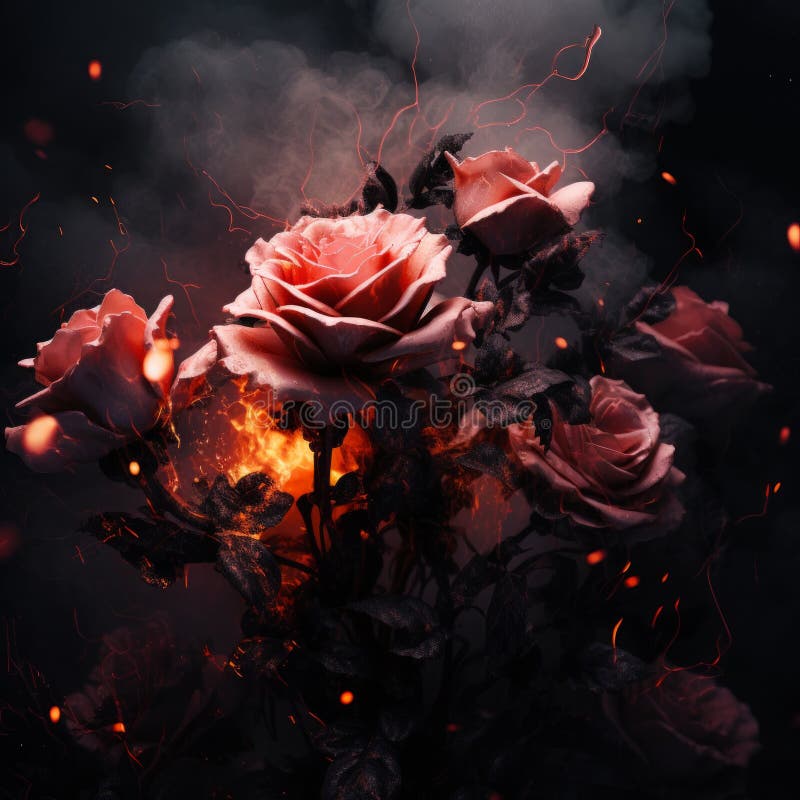 A Group of Pink Roses with Smoke and Flames Stock Image - Image of ...