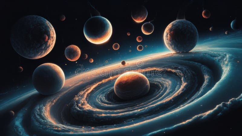 A Group of Planets Orbiting a Large Spiral in Outer Space, AI Stock ...