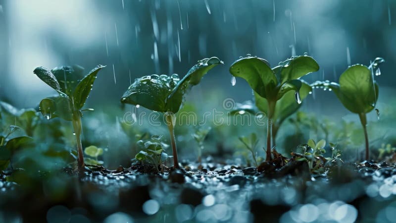 A Group of Plants are Growing in a Garden and it is Raining Stock ...