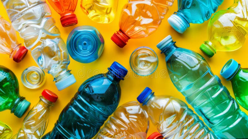 Group of Plastic Bottles on Yellow Table Stock Photo - Image of stack ...