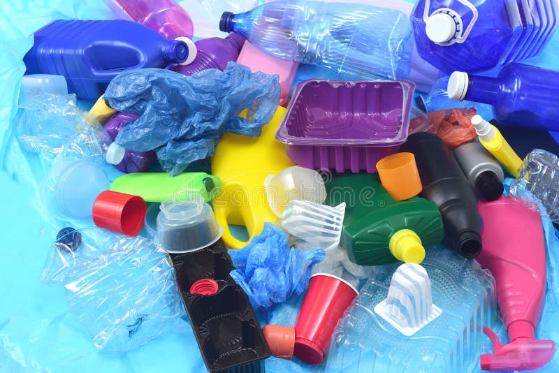 Group of Plastic Containers on Blue Plastic Bags Stock Photo - Image of ...