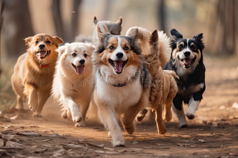 Group of Playful Dogs Running Around, Jumping and Playing with Each ...