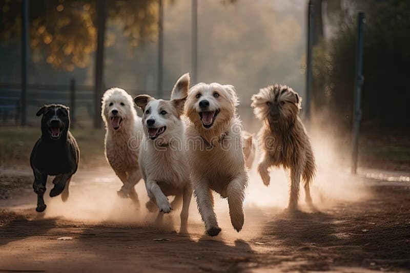 Group of Playful Dogs Running Around, Jumping and Playing with Each ...