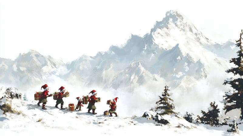 Group of Playful Elves Trekking through Snow-covered Mountains, Adding ...