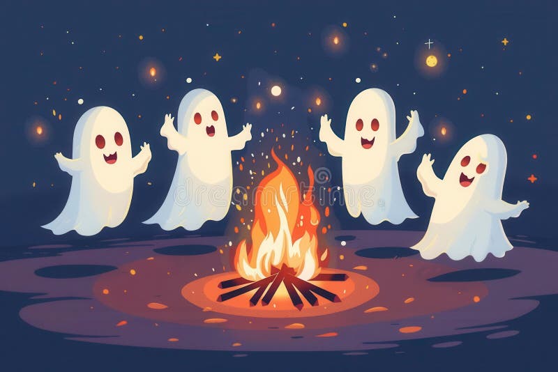 A Group of Playful Ghosts Dancing Around a Bonfire Stock Illustration ...