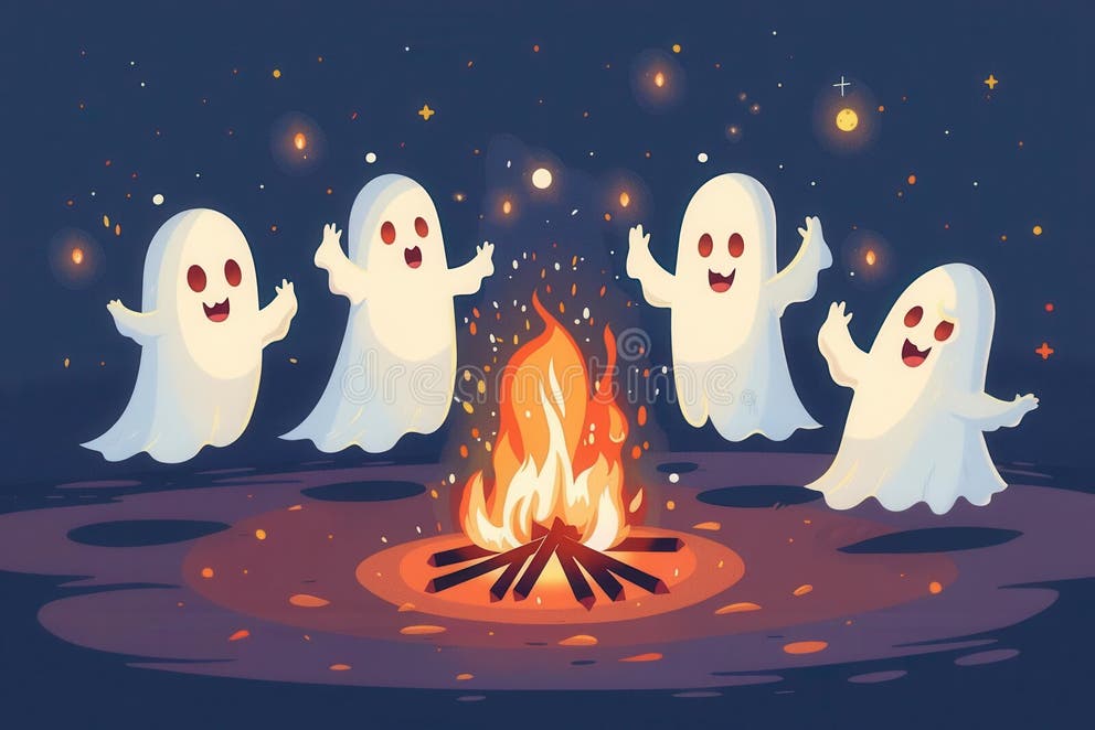 A Group of Playful Ghosts Dancing Around a Bonfire Stock Illustration - Illustration of specter ...