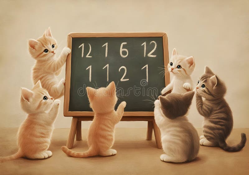A Group of Playful Kittens Learning Numbers from a Chalkboard Stock ...