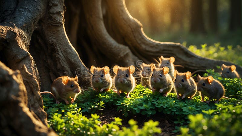 Adorable Baby Mice Gathering at Sunset in Forest Stock Illustration ...