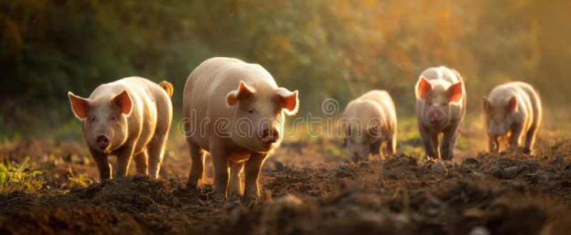 The Group of Playful Pigs Enjoying a Sunny Day on the Farm. AI ...
