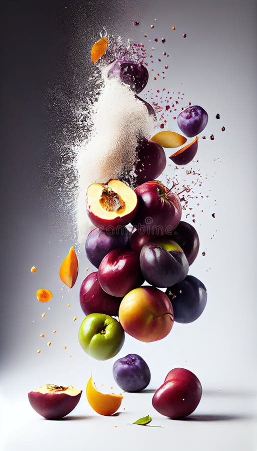 Group of Plums Fruits Creatively Falling-Dripping Flying or Splashing ...