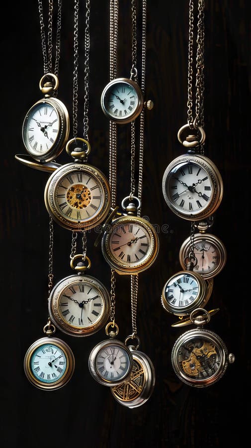 A Group of Pocket Watches Hanging from Chains Stock Photo - Image of ...