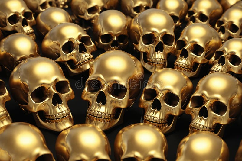 Group of Polished Gold Skulls in a Striking Display Stock Image - Image ...
