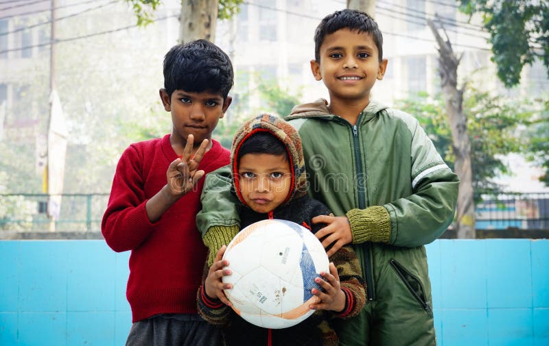 Group of Poor Indian Kids with Football Smiling Editorial Stock Image ...