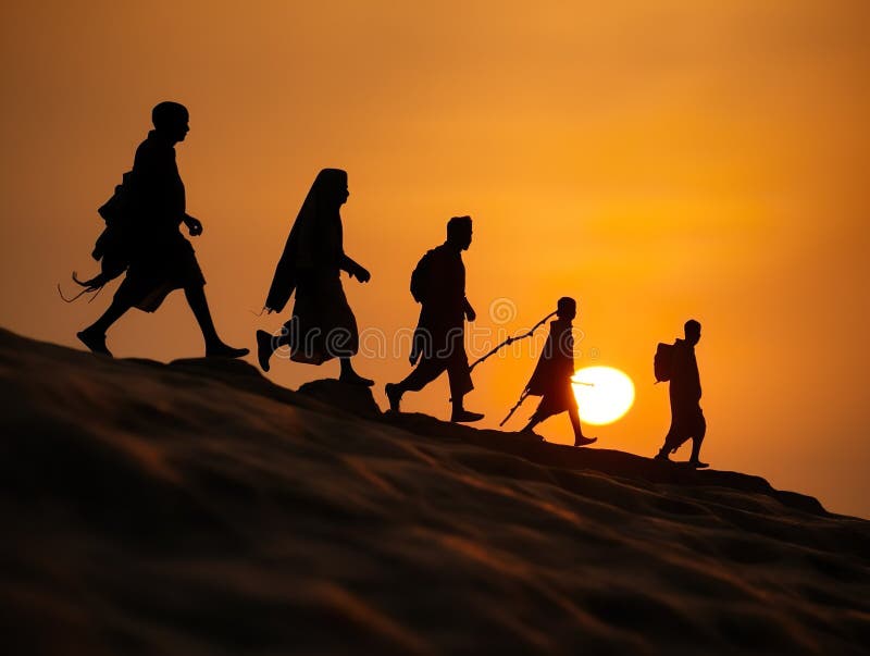 Group of Poor Refugees in a Sunset Light. People Walking from War or ...