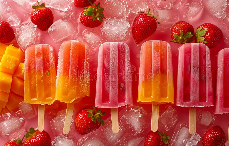 A Group of Popsicles with Strawberries and Ice Stock Image - Image of ...