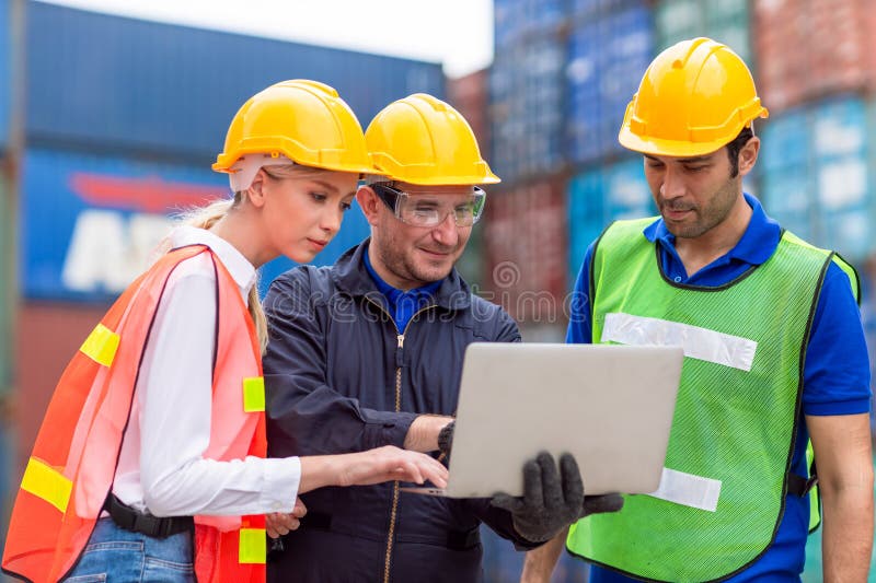 Group of Port Container Ship Yard Colleague Workers Working Together ...