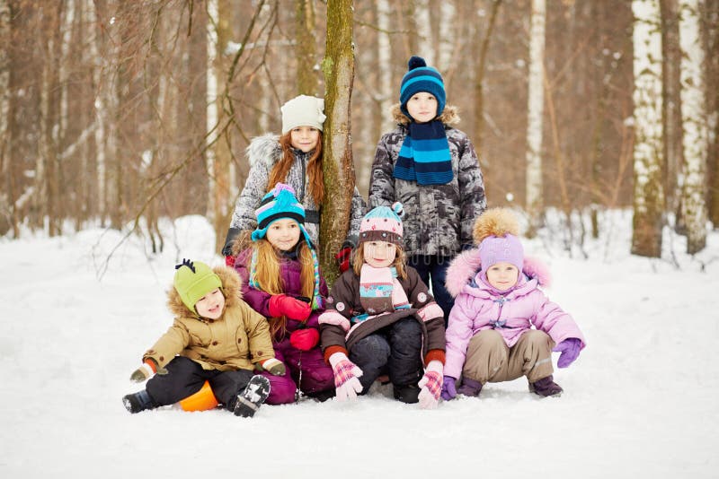Group Portrait of Children in Winter Park Stock Image - Image of nature ...