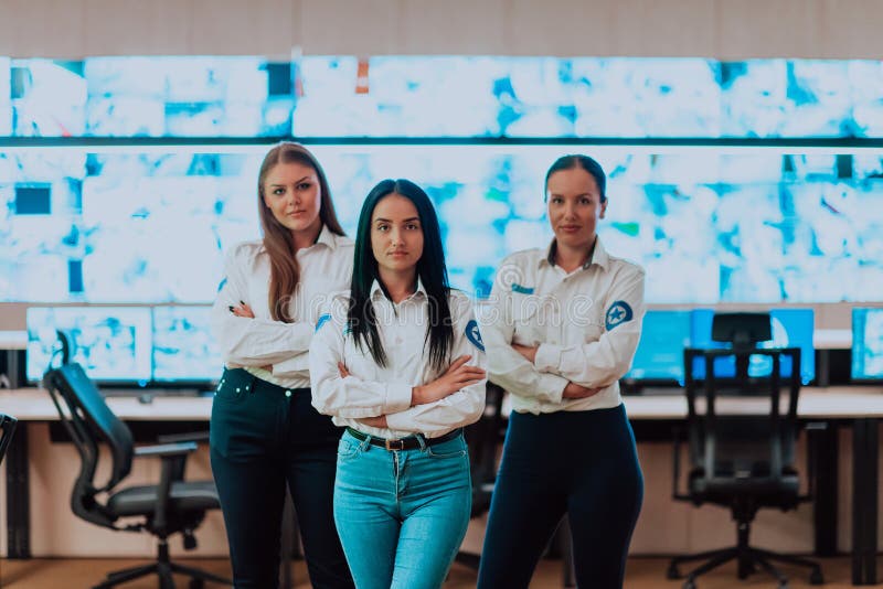 Group Portrait of Female Security Operator while Working in a Data ...