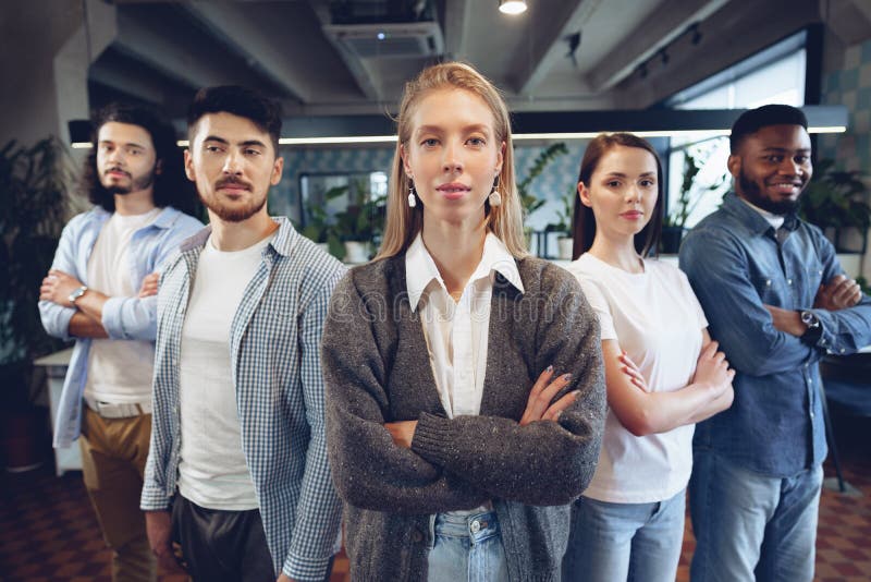 Group Portrait of Five Diverse Young Colleagues Standing in a Row in ...