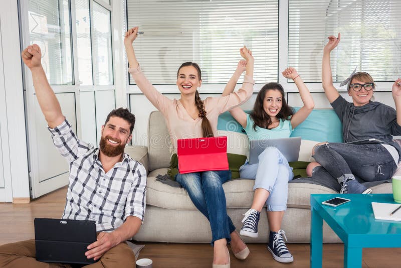 Successful Remote Workers Looking at Camera Sharing a Modern Co- Stock ...