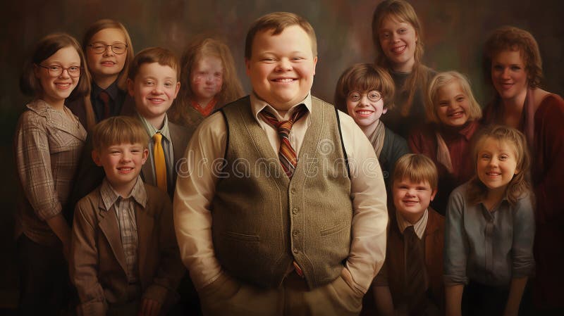 Group Portrait of Happy Boy with Down Syndrome Posing with Classmates ...