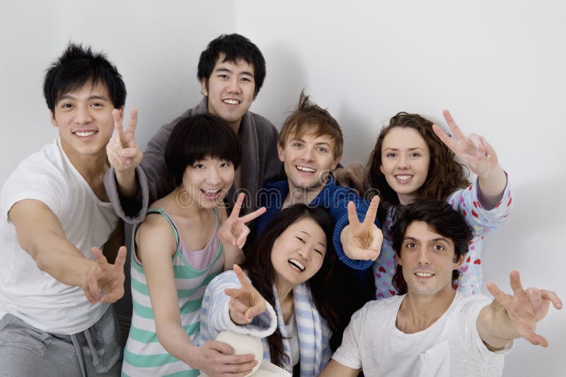 Group Portrait of Young Friends Showing Peace Sign Stock Photo - Image ...