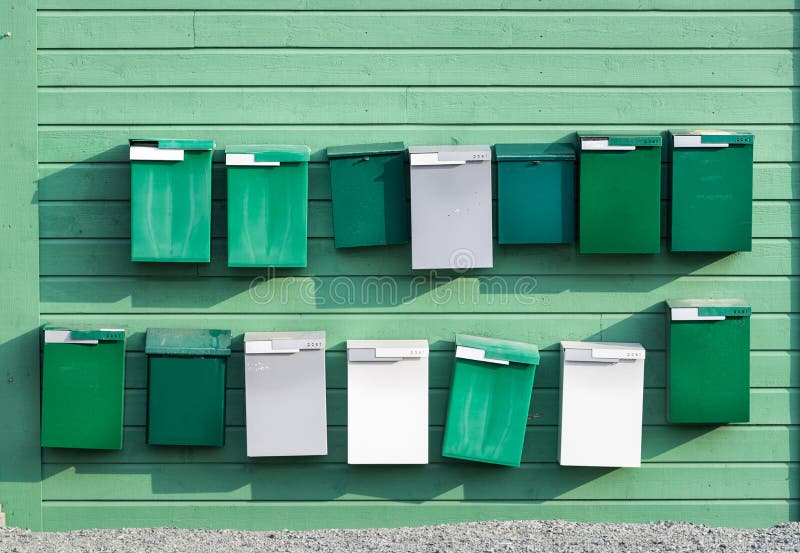 Group of Small Post Boxes on a Wooden Wall Stock Photo - Image of ...