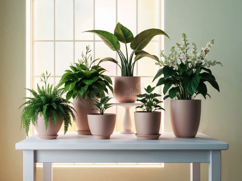 A Group of Potted Plants Sitting on a Table. Stock Image - Image of ...