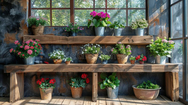 Group of Potted Plants on Wooden Table Stock Photo - Image of ...