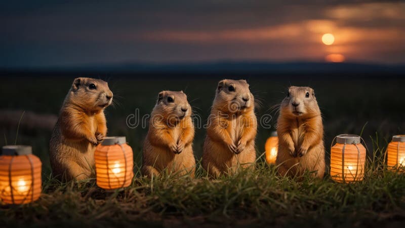 Four Prairie Dogs Gathering at Sunset with Lanterns Stock Illustration ...