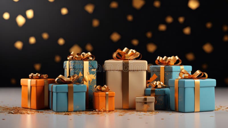 A Group of Presents with Gold Bows and Ribbons on a Table, AI Stock ...