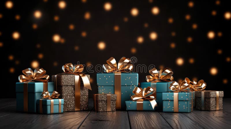 A Group of Presents with Gold Bows on a Wooden Table, AI Stock ...