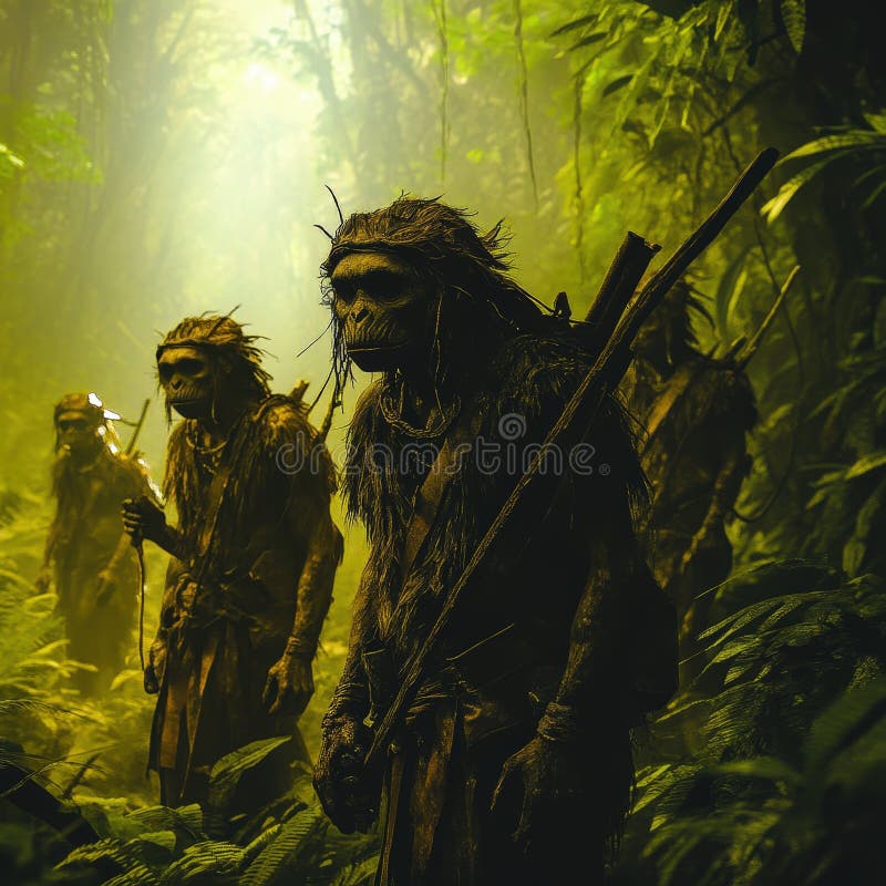Primal Explorers in Dense Jungle Light Stock Image - Image of attire ...