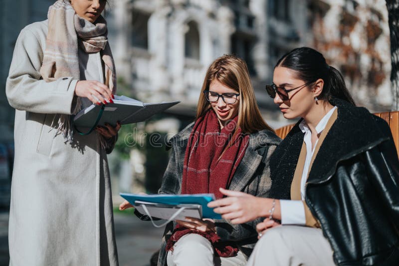 Group of Professional Women Collaborating Outdoors with Documents Stock ...