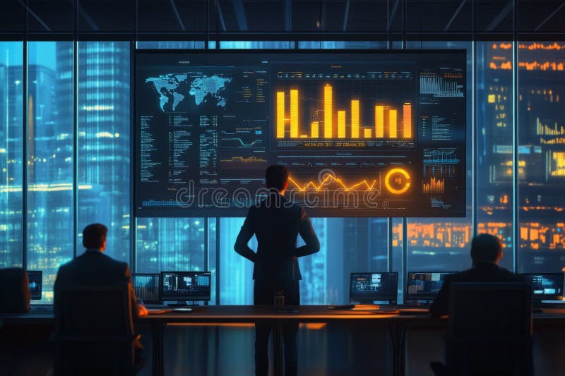 A Group of Professionals Analyze Data in a Modern Office at Night ...