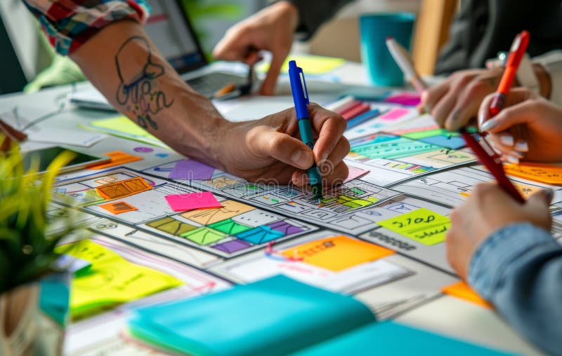 Group of Professionals Brainstorming with Diagrams and Smartphones in a ...