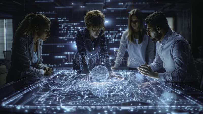 Group of Professionals Collaborating on a Holographic Display Showcasing Innovative Technology ...