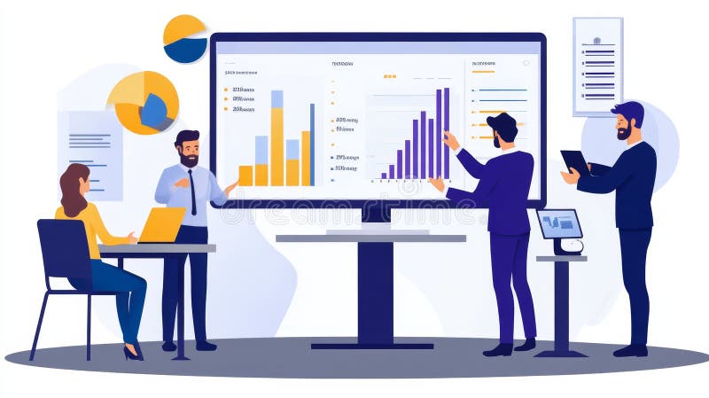 A Group of Professionals Discussing Data Displayed on a Large Screen ...