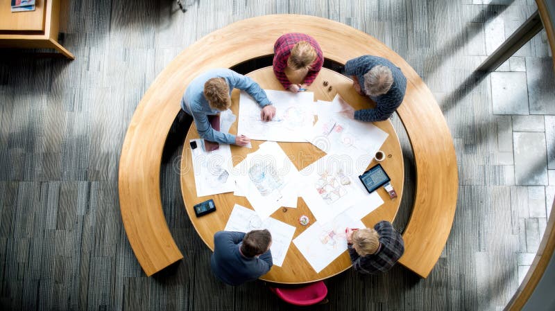 Team Collaborating at Round Table Discussing Ideas with Devices and ...