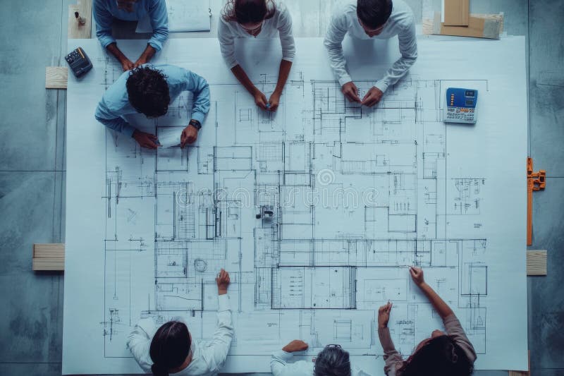 Team Collaborates on Architectural Blueprint in Modern Office Setting ...