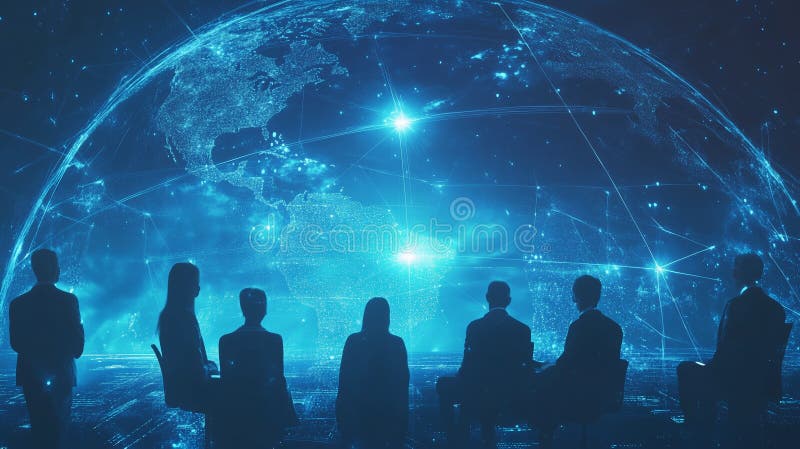 Group of Professionals Observing a Digital World Map during a Virtual ...