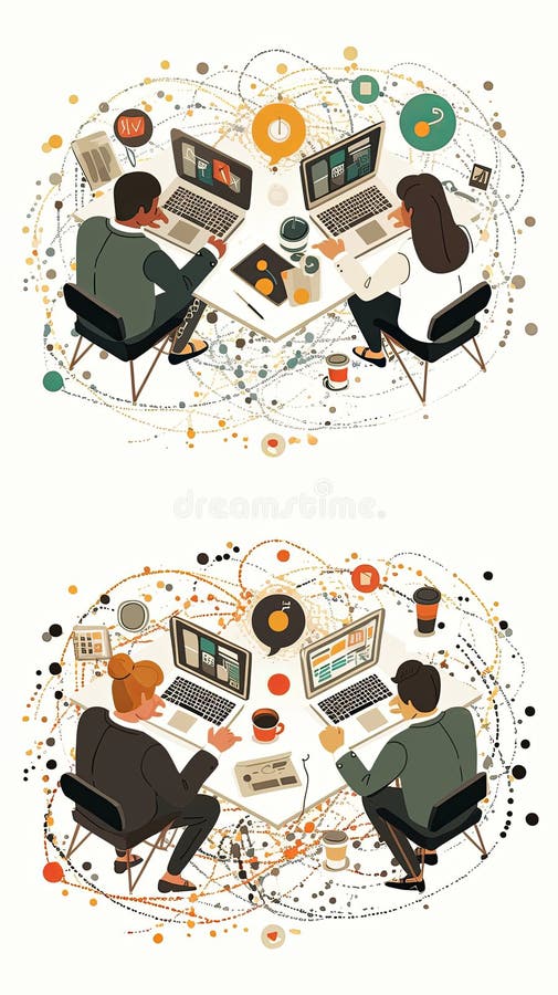 Team Collaborating on Laptops with Connected Digital Networks and Ideas ...