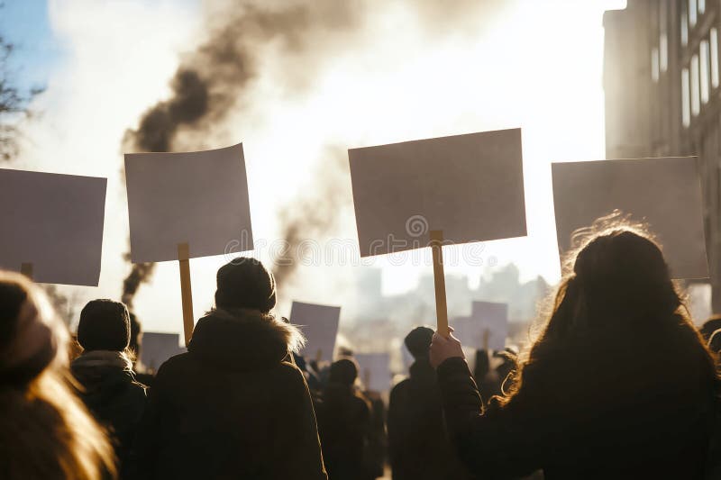 Protesters Holding Blank Signs in a Smoky Urban Setting during Daylight ...
