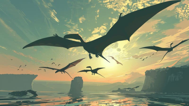 A Group of Pterodactyls Soar Overhead Their Impressive Wingspan Casting ...