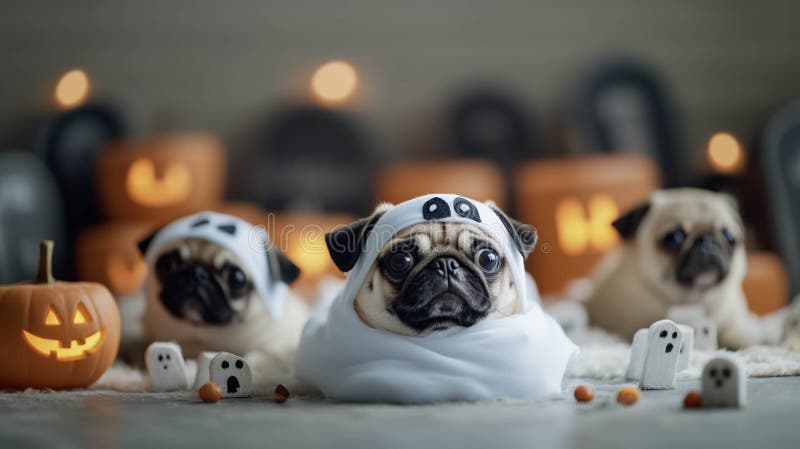 Group of Pugs Dressed As Cute Ghosts Sleep beside Glowing Jack-o ...