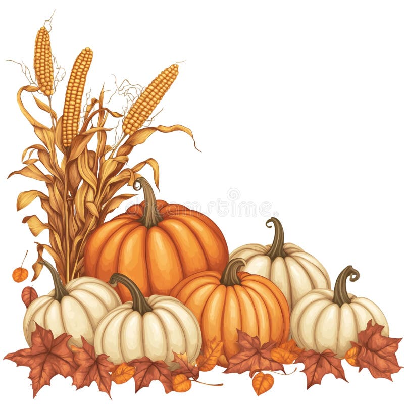 A Collection of Pumpkins and Corn Stalks are Arranged on a Transparent ...