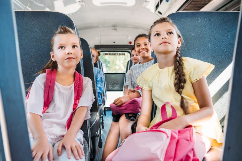 Group of Pupils Riding on School Bus during School Excursion Stock ...